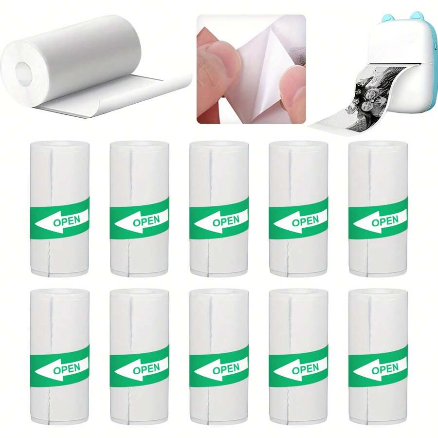 10 Rolls White Self-Adhesive Printing Paper For Portable Mini Pocket ...