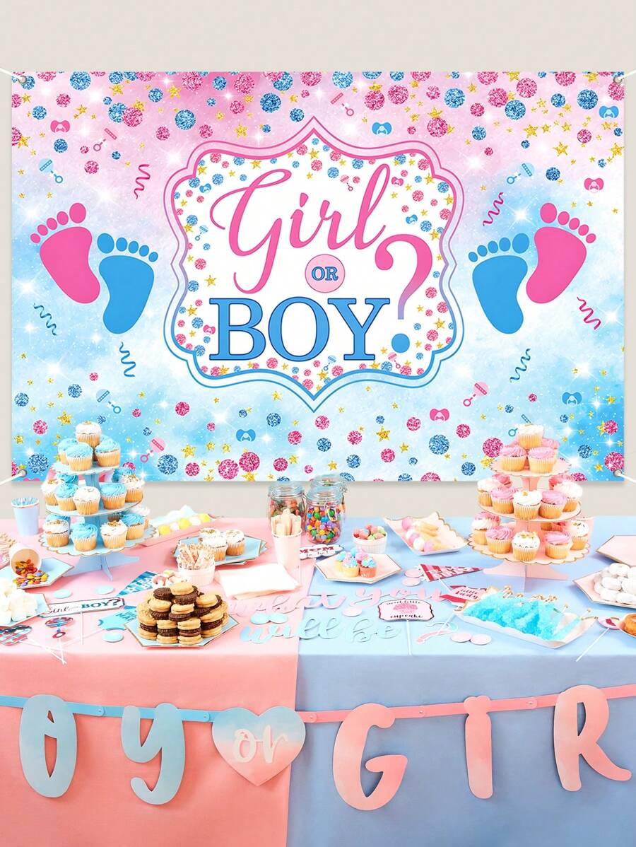 1pc Blue-Pink Baby Footprint Pattern Design Gender Reveal Background ...