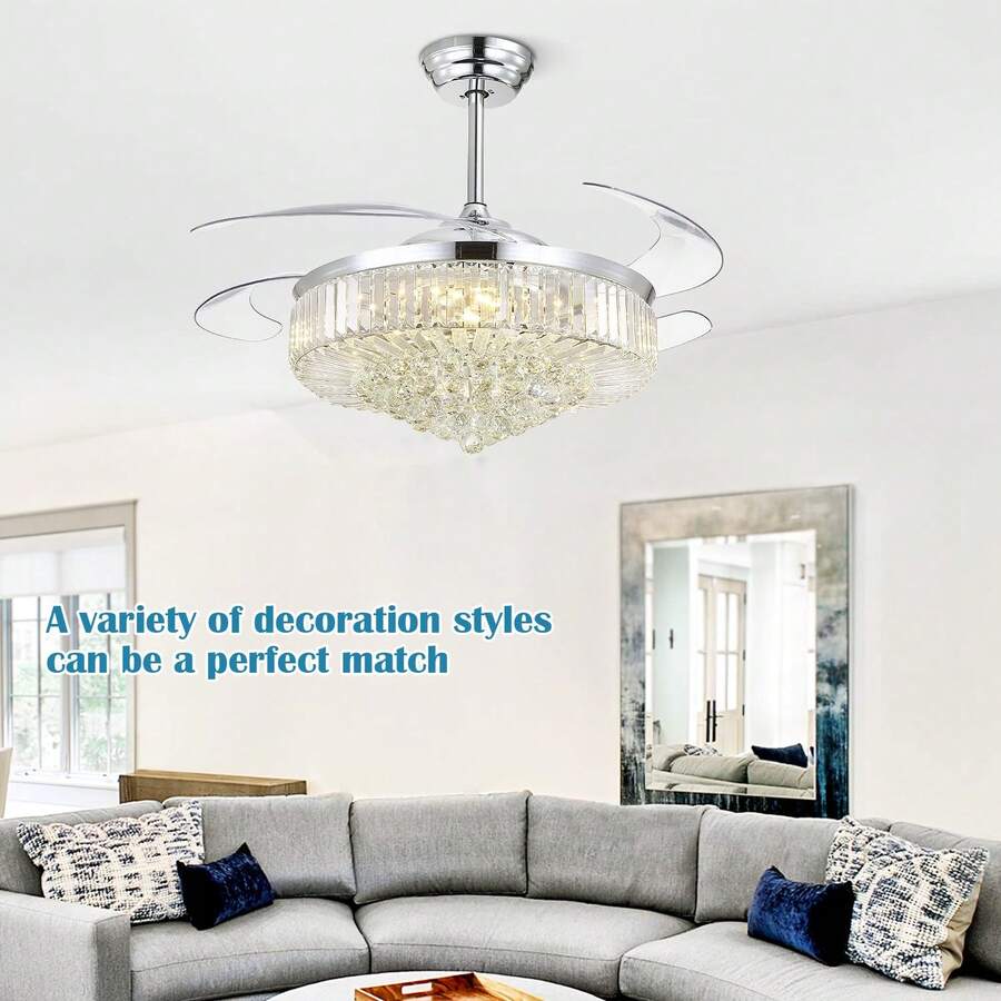 Silver Retractable Blades Crystal Ceiling Fans With Lights And Remote ...