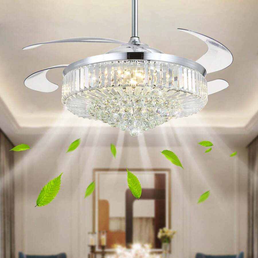 Silver Retractable Blades Crystal Ceiling Fans With Lights And Remote ...