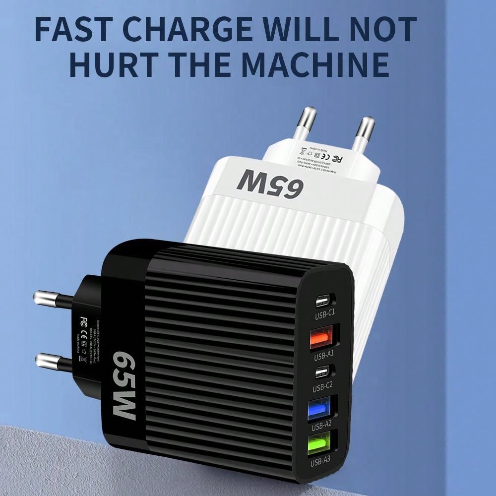 1PC Black EU Plug 65W USB PD Charger 5 Ports Fast Charging Type C ...