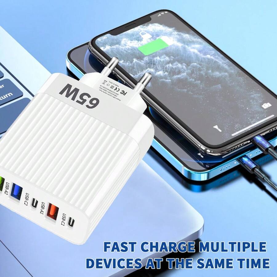 1 stuk Zwart Europese stekker 65W USB PD Opladers 5 Snellader Type C ...