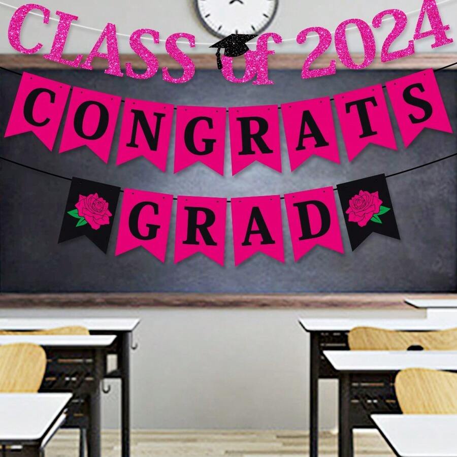 Set, Pink Graduation Decorations 2024, With 1pc Large Congrats Grad ...
