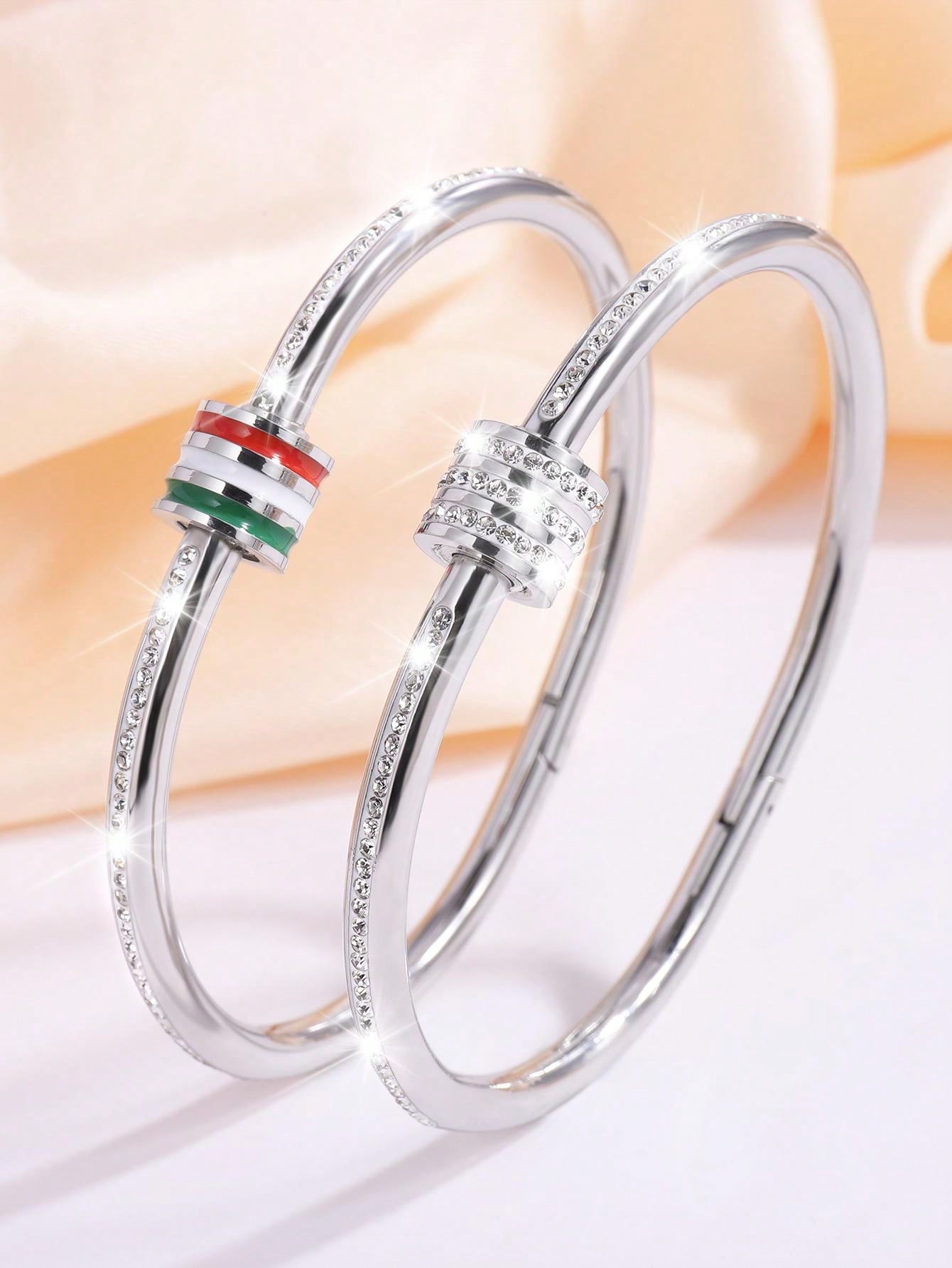 2pcs Stainless Steel Couple Bracelet With Rotating Rhinestone And Oil ...