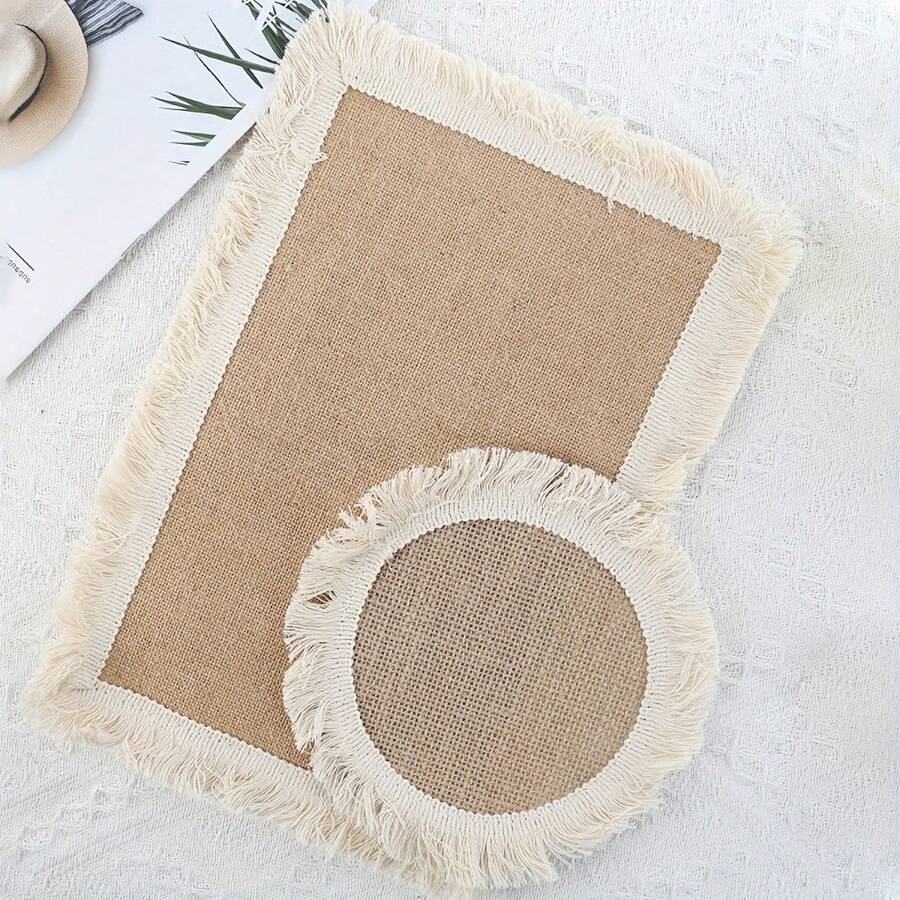2pcs Retro Style Linen Fringe Placemat Circular Coaster Heat-Resistant ...