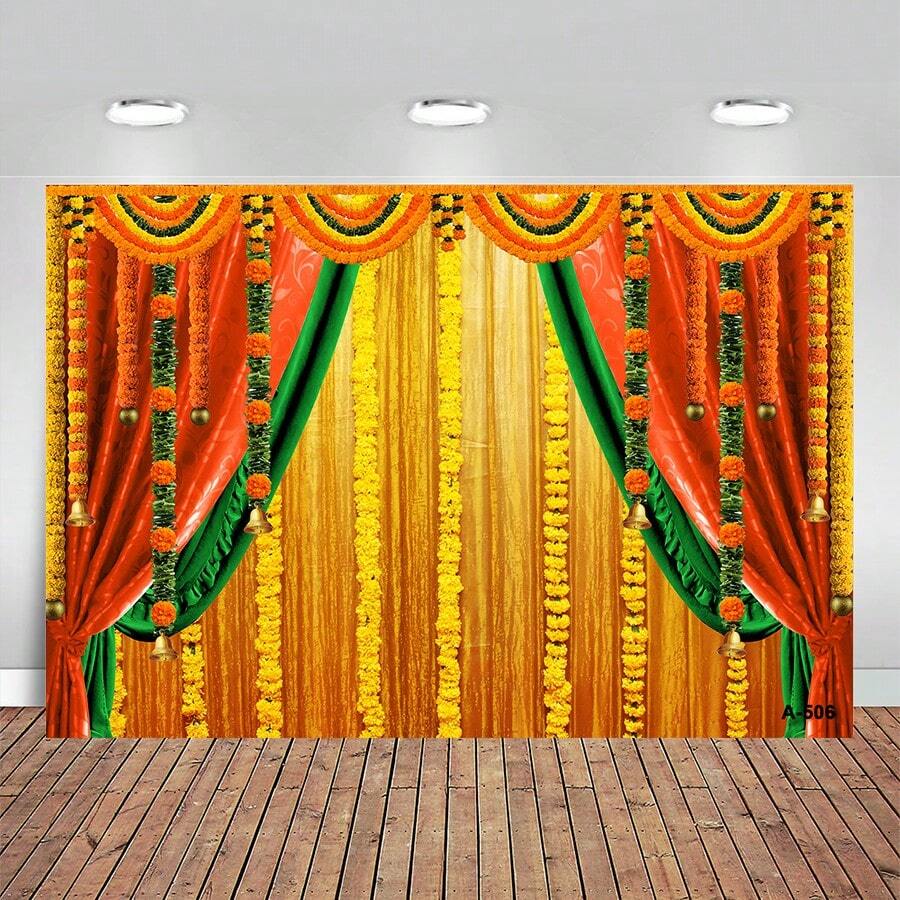 India Pooja Traditional Photography Backdrop Leaf Green Marigold Puja ...