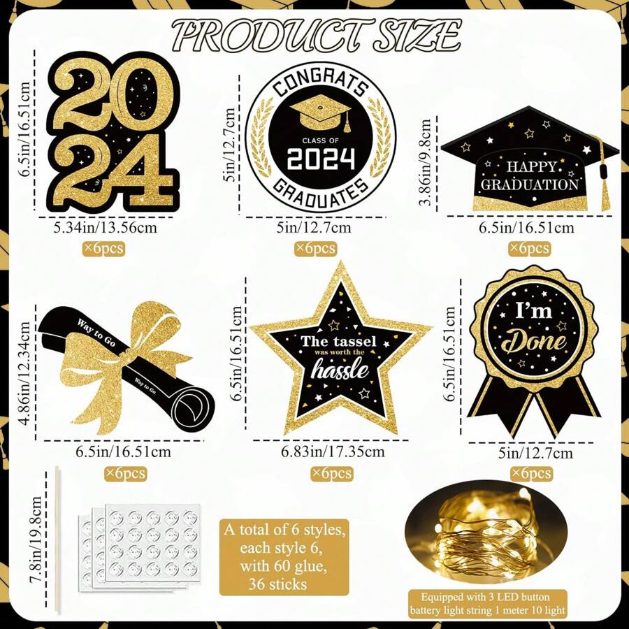 36pcs Graduation Decorations For Class Of 2024 - Black Gold Graduation ...