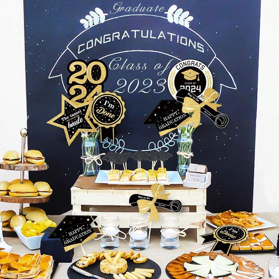 36pcs Graduation Decorations For Class Of 2024 - Black Gold Graduation ...