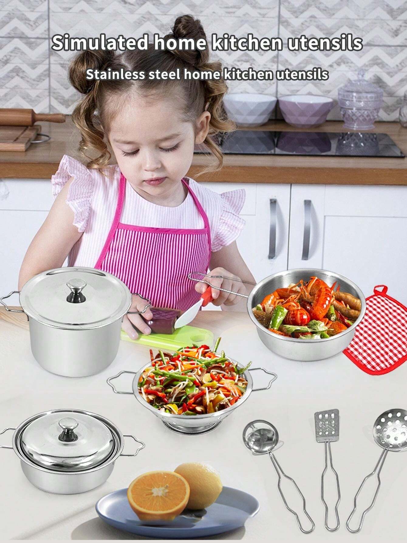 Stainless Steel Play Kitchen Cookware Set For Kids, Cooking And Role ...