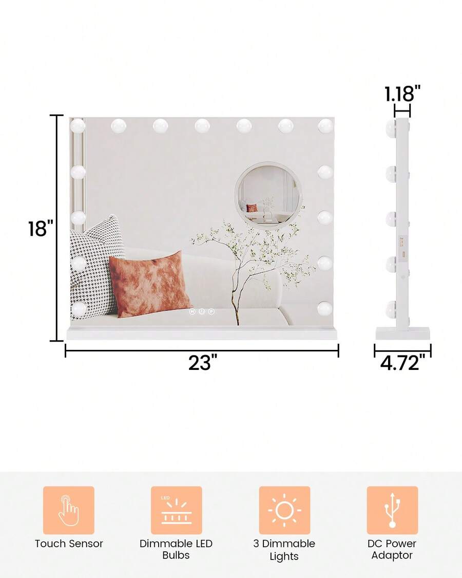 Vanity Mirror With 15 LED Bulbs, 3 Colors Modes, USB & Type-C Charging ...