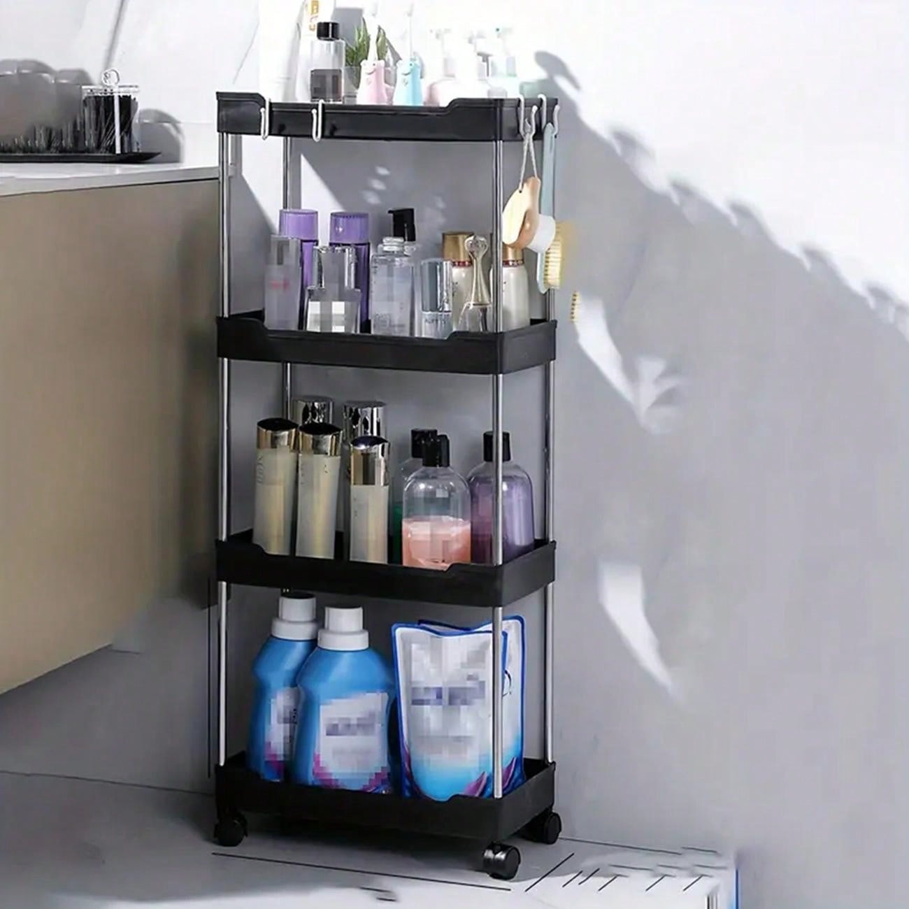 3-Tier Storage Cart, Bathroom Storage Rack With Wheels, Floor-To-Ceiling Push Cart Storage Rack ...