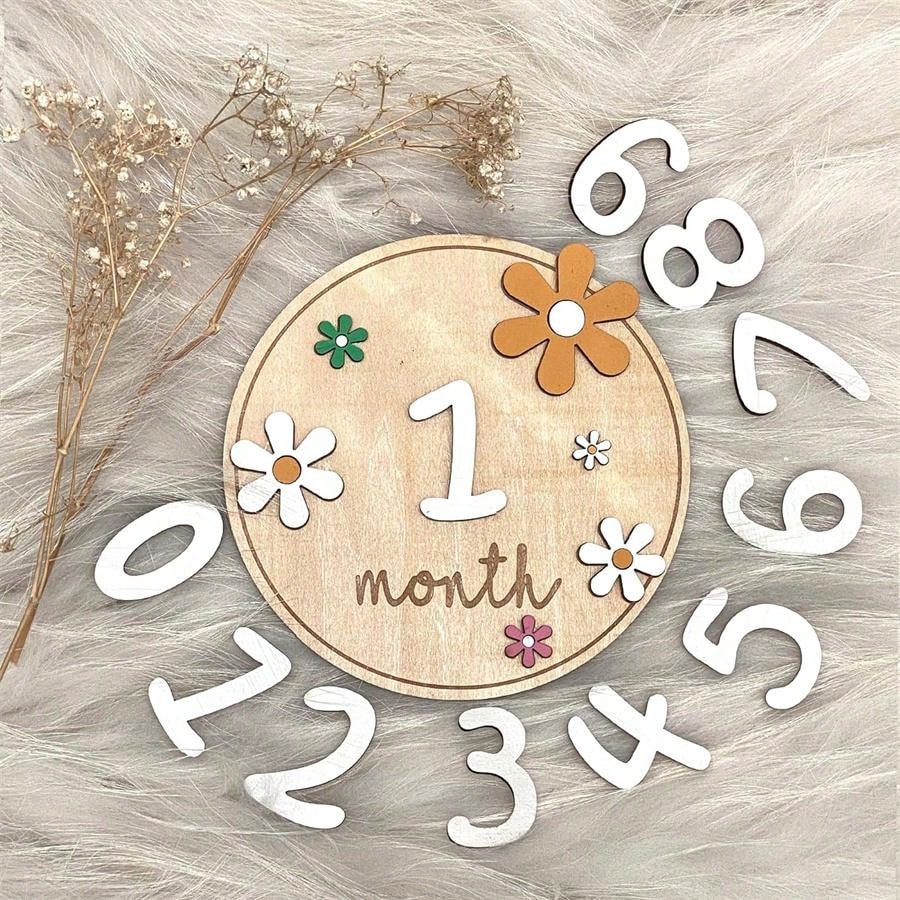 Baby Monthly Milestone Cards Set, Wooden Circle With Month Number And ...