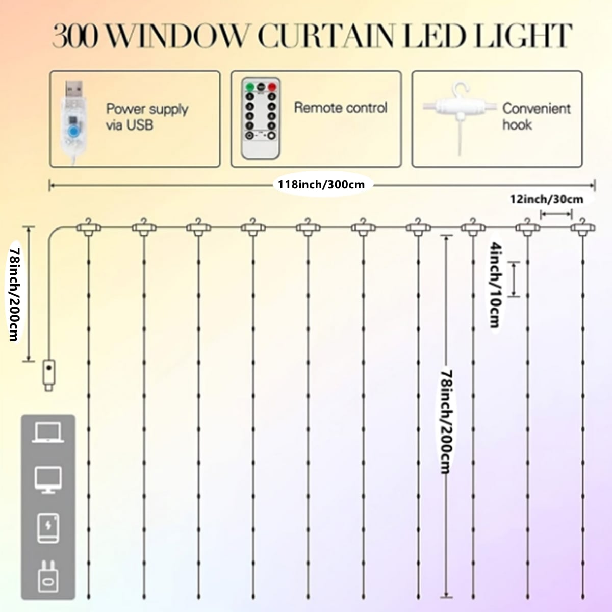 1 Pieza Luces De Cortina, 300 Luces Led De Hada Con Control Remoto, 8 ...