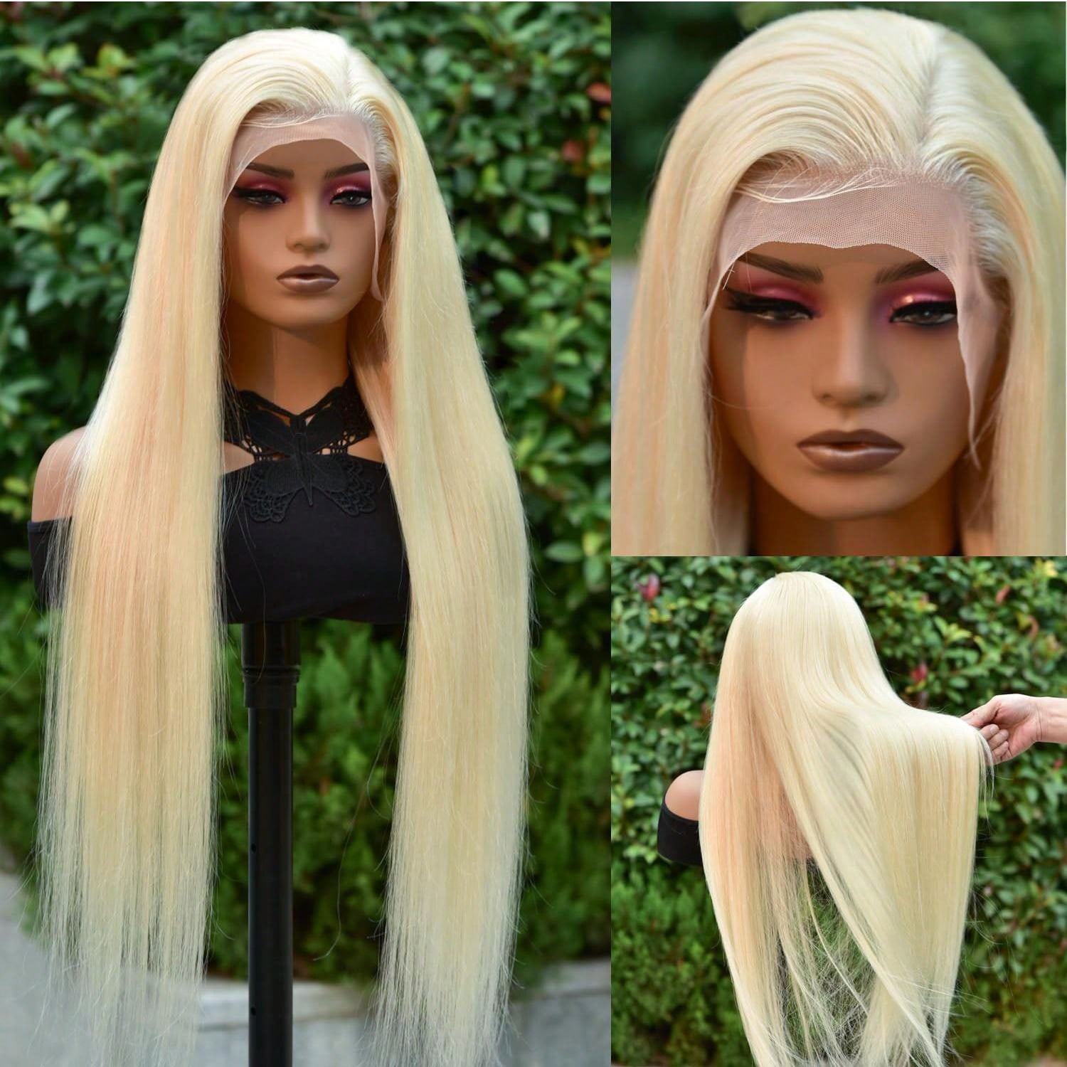 1pc Front Lace Wig Human Hair Straight Gold 24 Inches Approximately