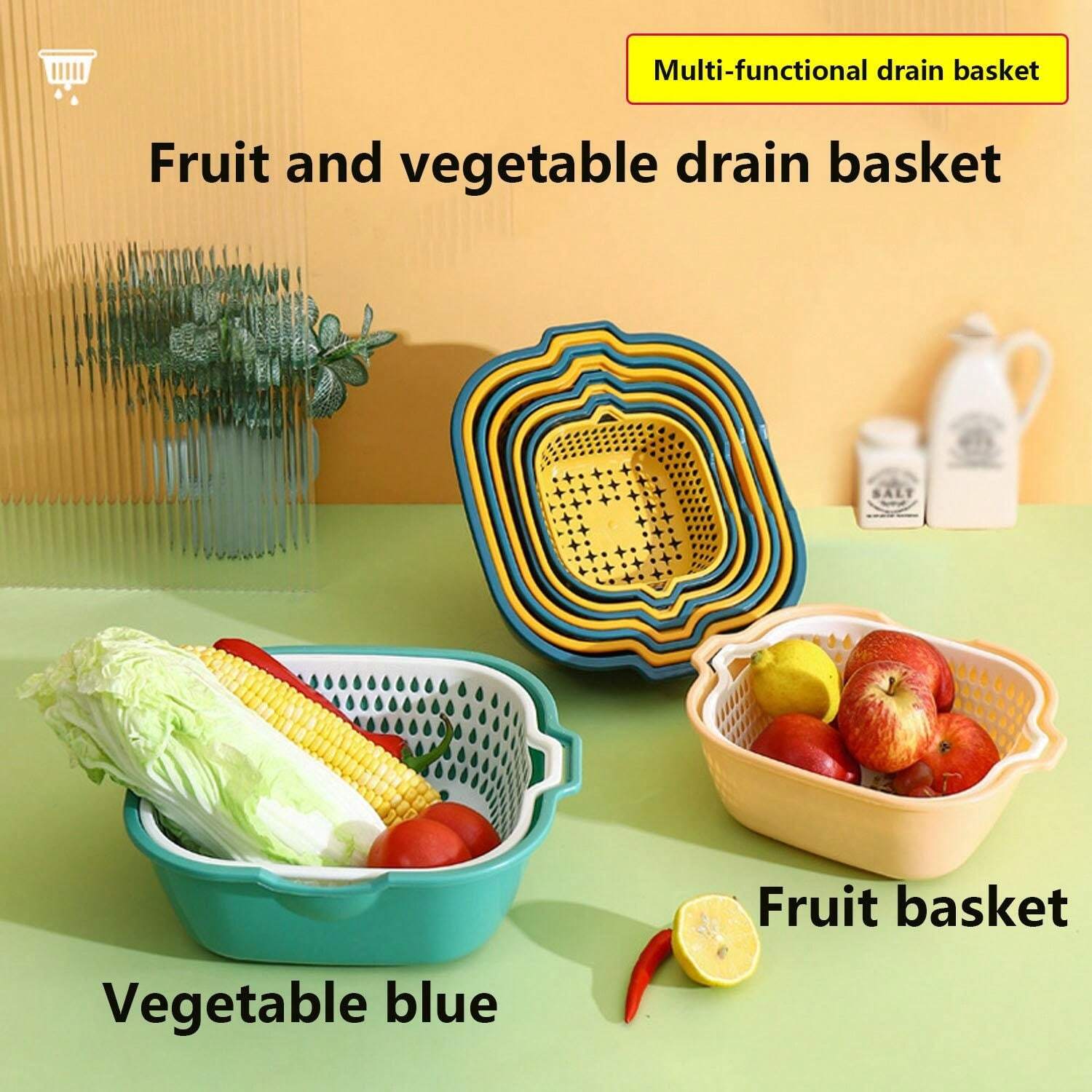 Multi-Functional Kitchen Tool Fruit & Vegetable Wash Basket, Double ...