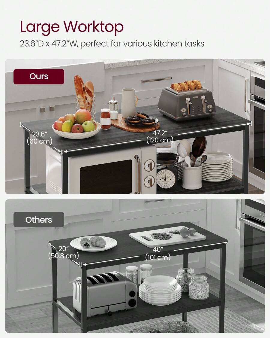 VASAGLE Kitchen Island With 3 Shelves, 47.2 Inches Kitchen Shelf With ...