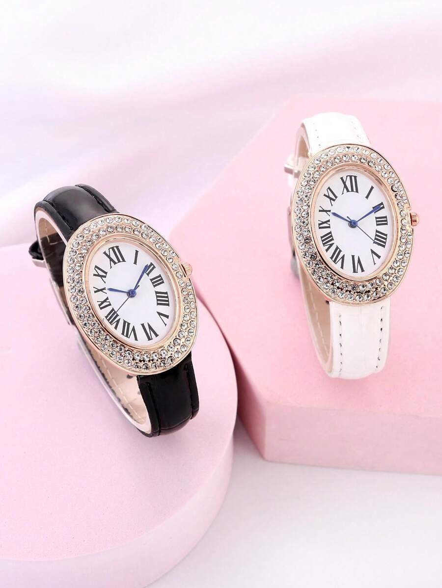2pcs/Set Ladies' Fashionable Diamond Inlaid Quartz Barrel Watch With ...
