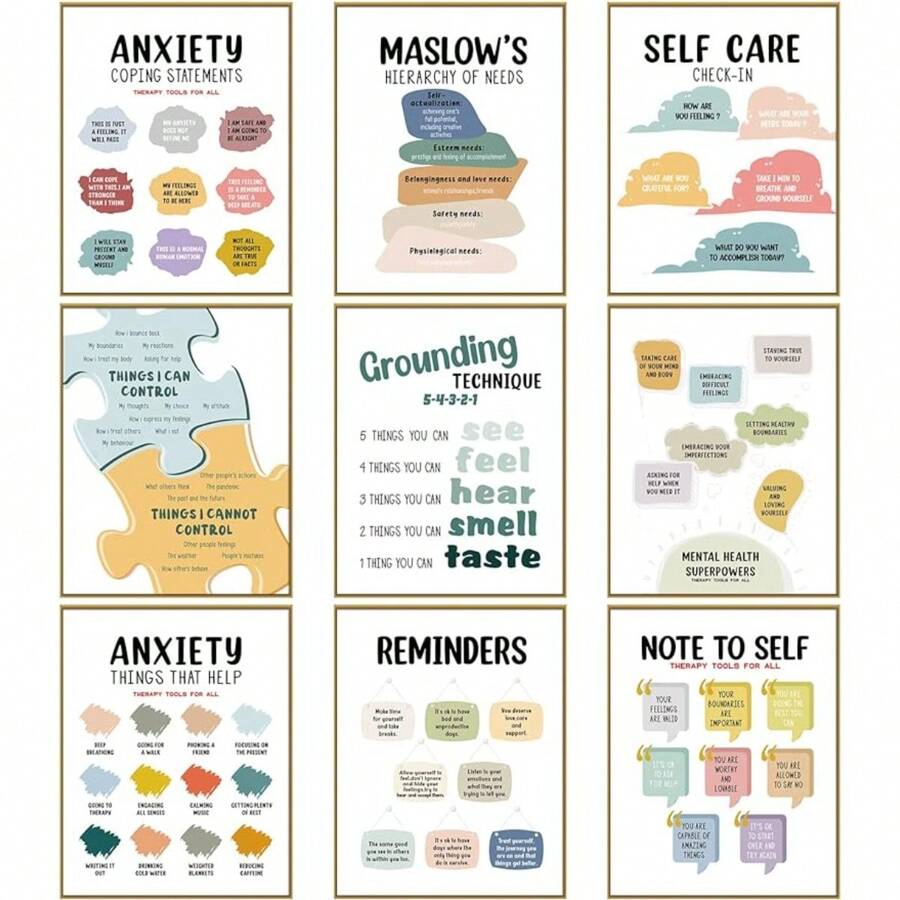 9 Pieces Mental Health Posters Anxiety Motivational Poster Psychologist ...