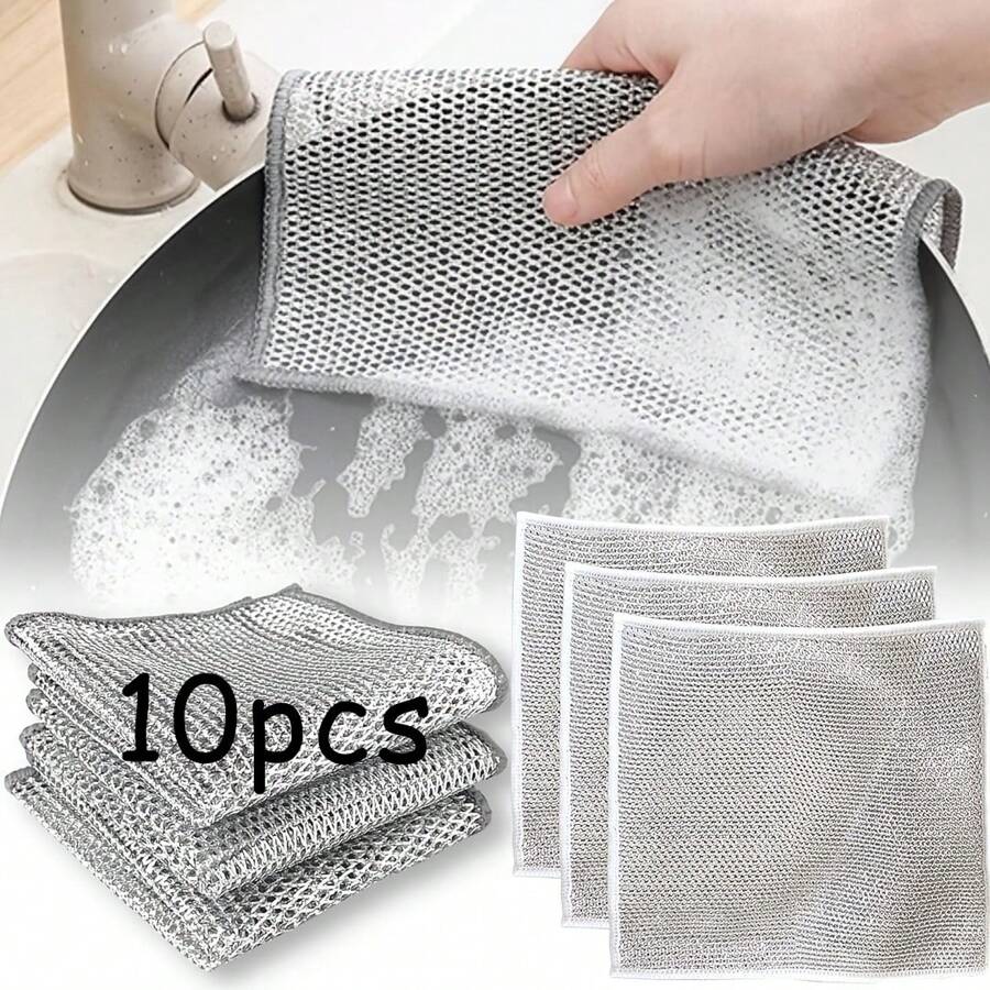 10pcsMesh Dishcloth For Kitchen Stove Dishwashing And Pot Washing, Grid ...