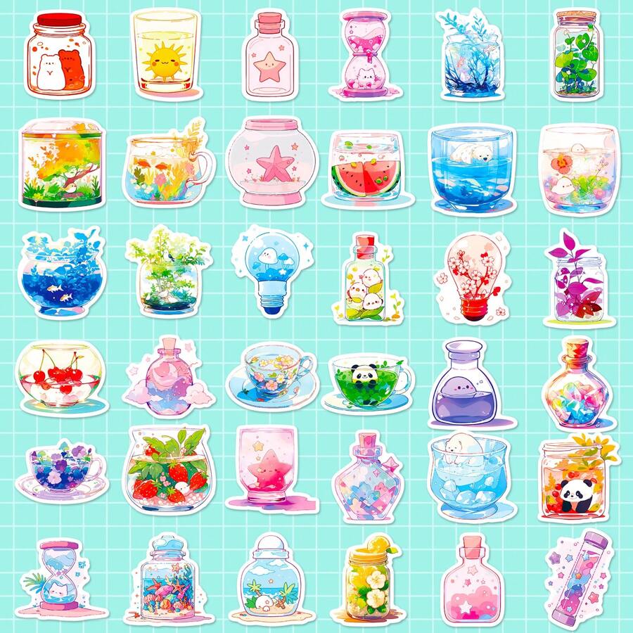100pcs Water Bottle Stickers, Cute Glass Bottle Aaesthetics Small World ...