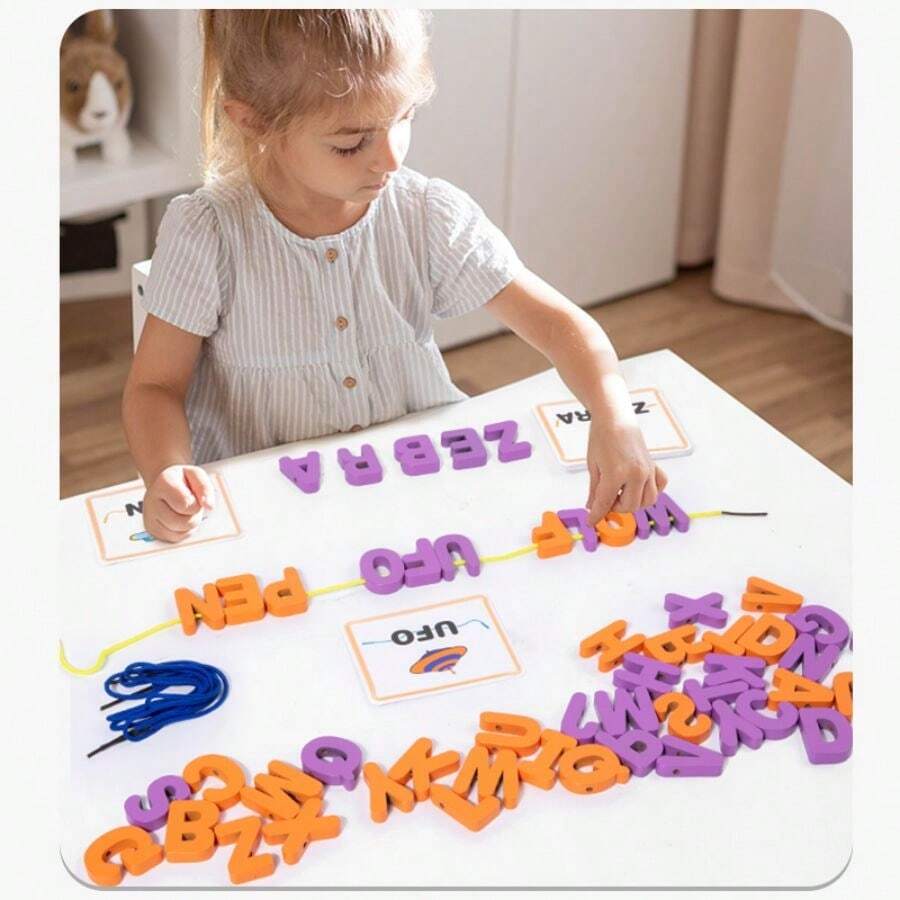 Children's Alphabet Beads Threading Rope Spelling Word Cards Preschool ...