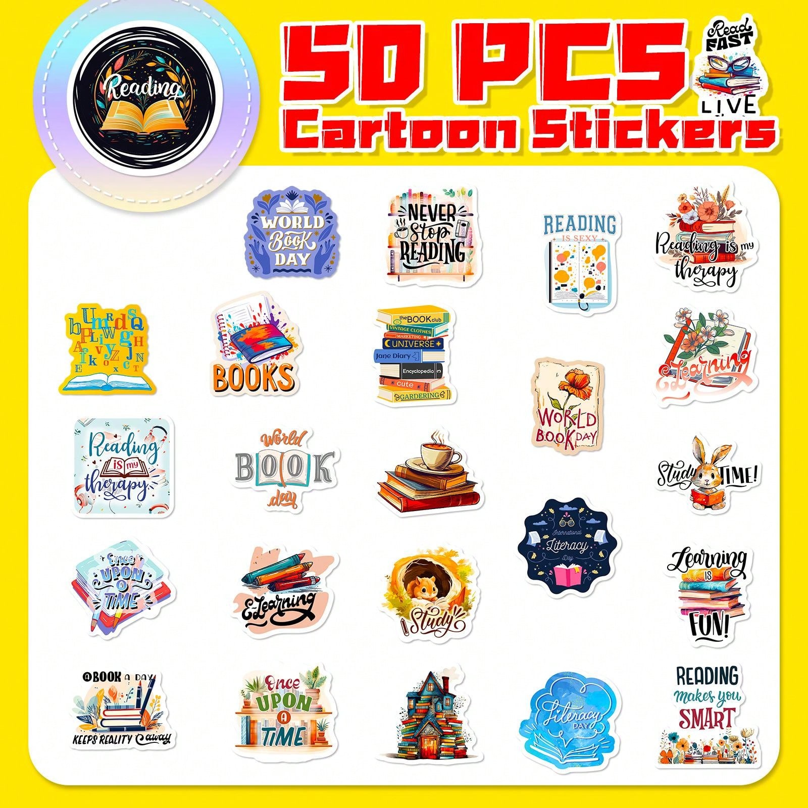 50pcs/Pack Read Hobby Books Characters Cartoon Stickers For Laptop ...