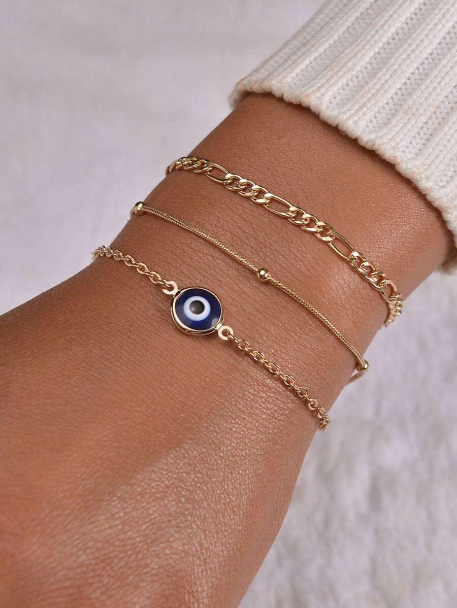 3pcs Beach Style Dual Pendant Alloy Evil Eye Charm Chain Bracelet ...