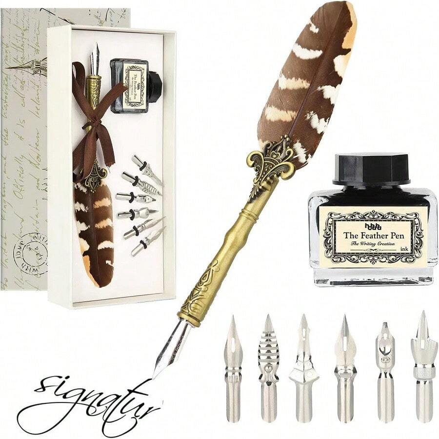 Feather Pen And Ink Set-1 Feather Pen, 1 Bottle Of Ink And 6 Nibs-For ...