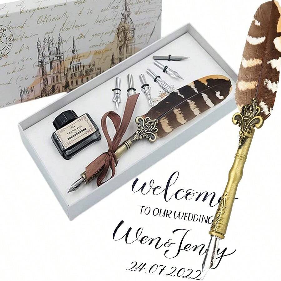 Feather Pen And Ink Set-1 Feather Pen, 1 Bottle Of Ink And 6 Nibs-For ...