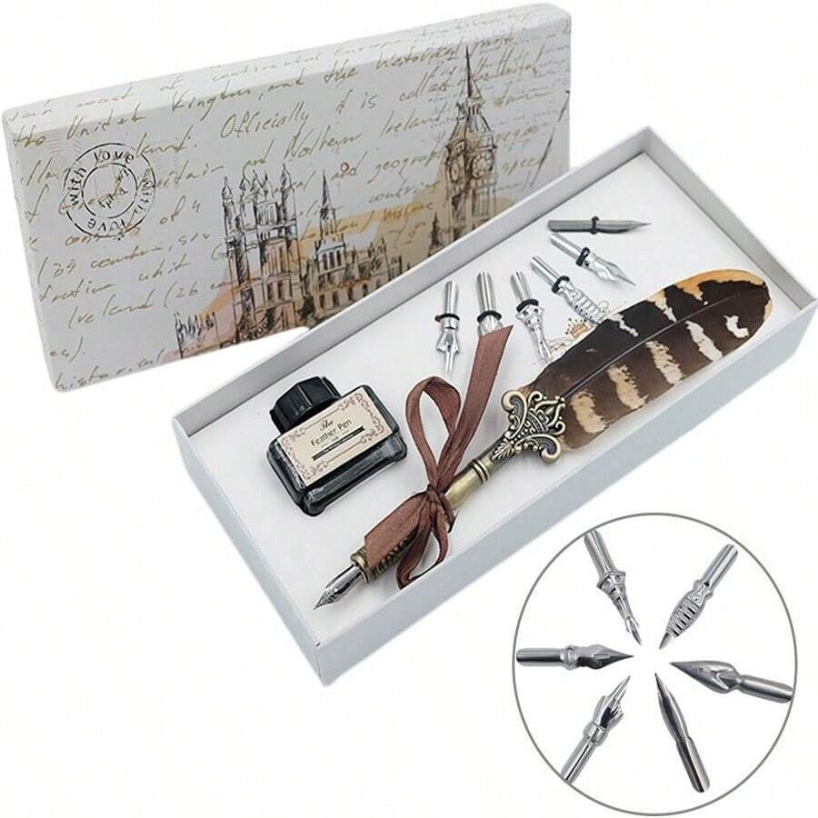 Feather Pen And Ink Set-1 Feather Pen, 1 Bottle Of Ink And 6 Nibs-For ...