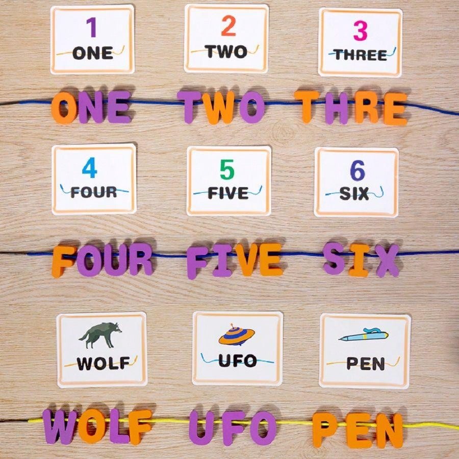 Children's Alphabet Beads Threading Rope Spelling Word Cards Preschool ...