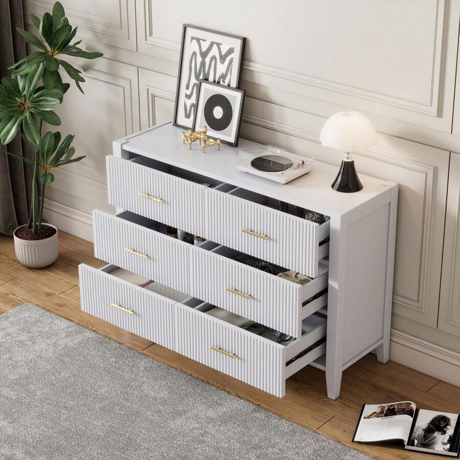 6 Drawer Dresser With Metal Handle For Bedroom, Storage Cabinet With ...