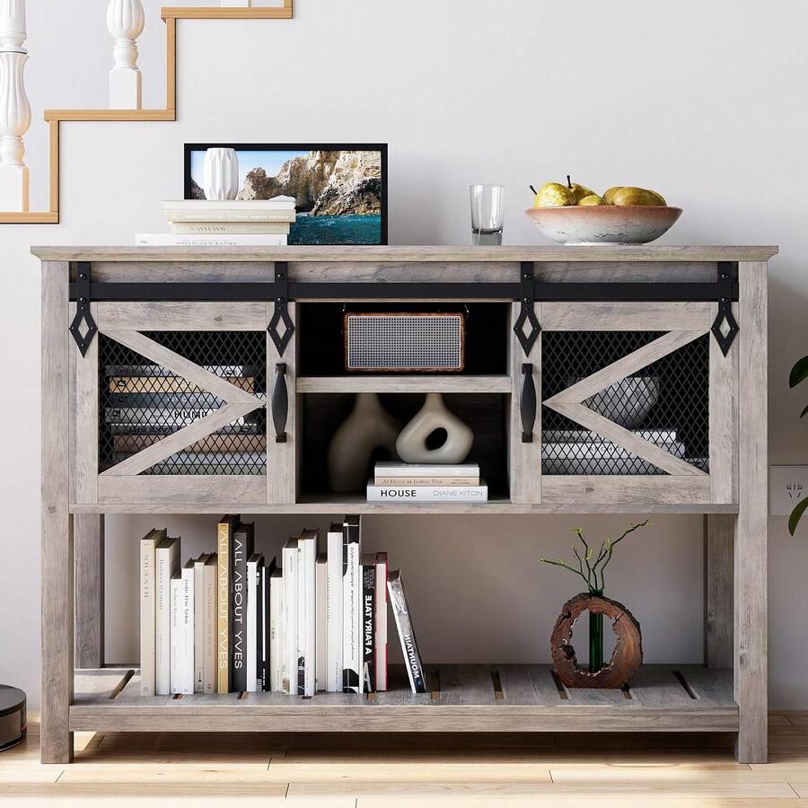 Farmhouse Console Table With 2-Door Cabinet,Sofa Table With Storage And ...