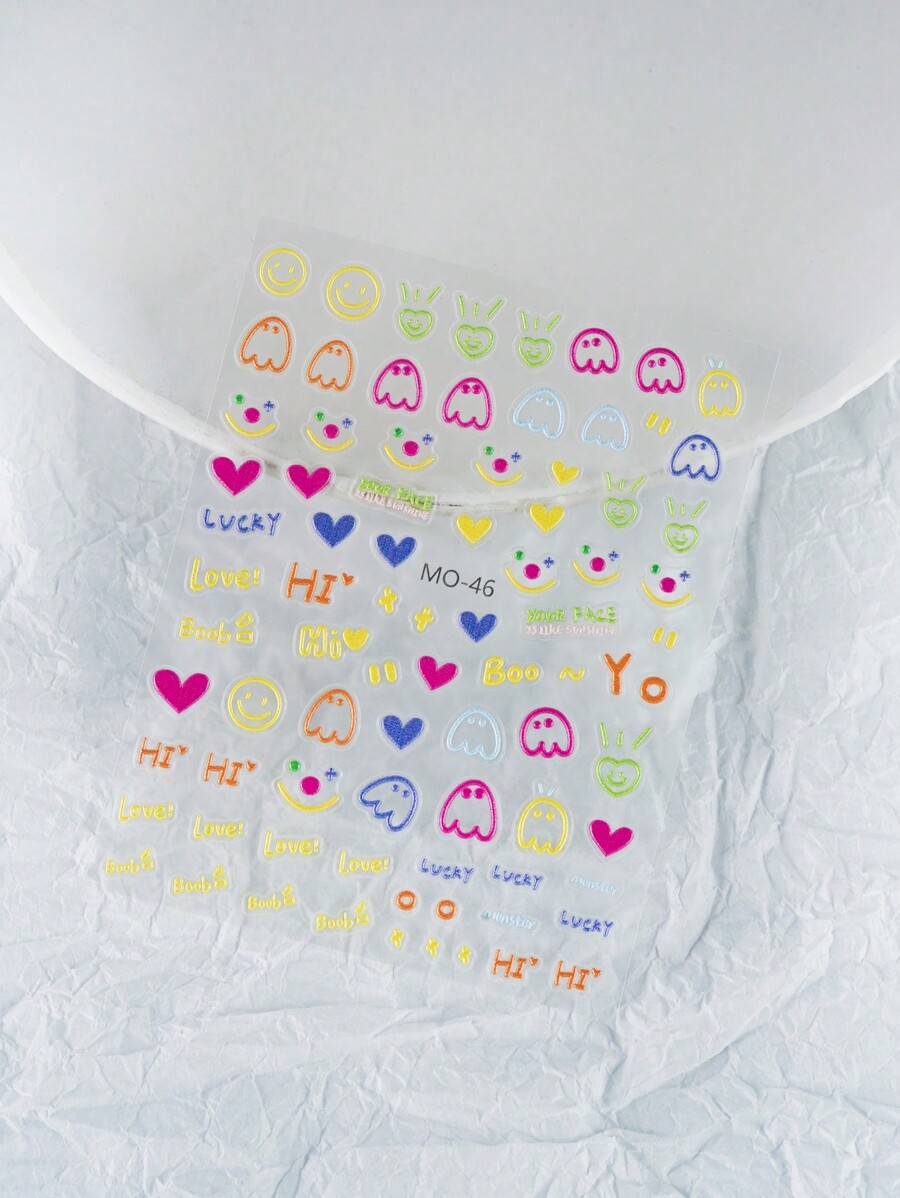 Dopamine Nail Graffiti Sticker - Cute Lines, Hearts, Smiling Faces ...
