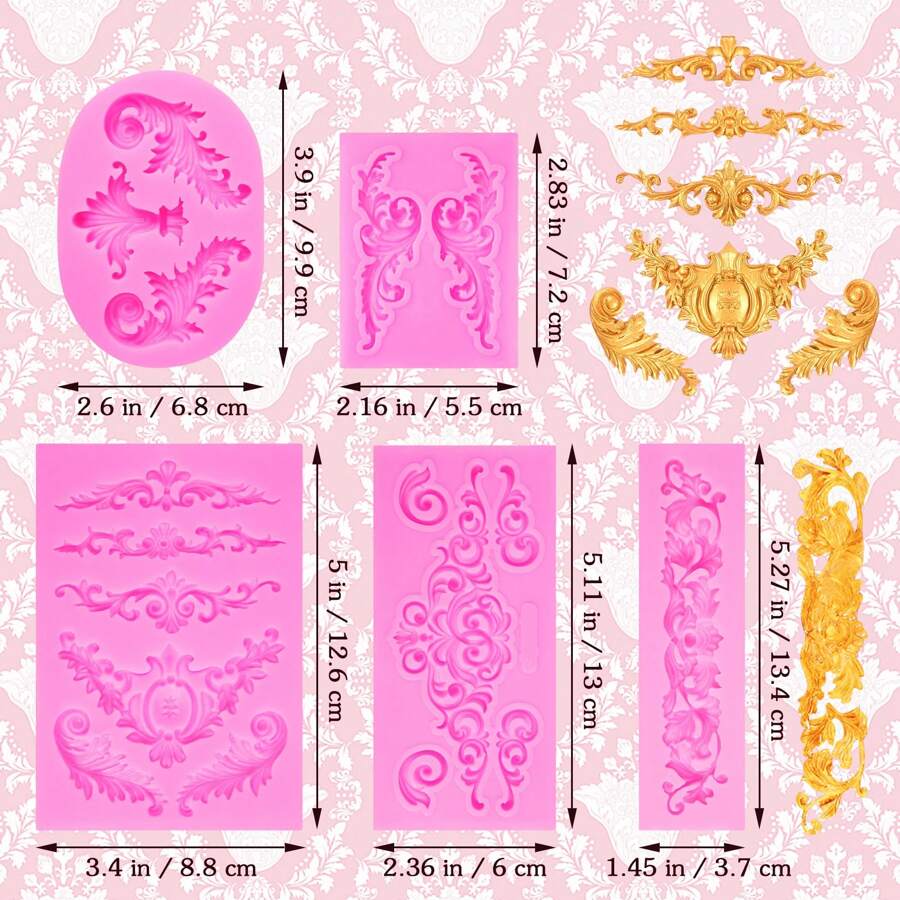 5 Packs Baroque Fondant Mold Border Silicone Mold Baroque Border Mold ...