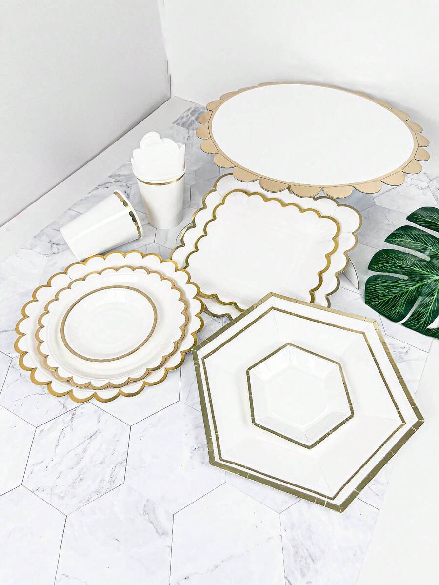 Disposable Paper Plates, Golden White Hexagonal Plate Dinnerware Set ...