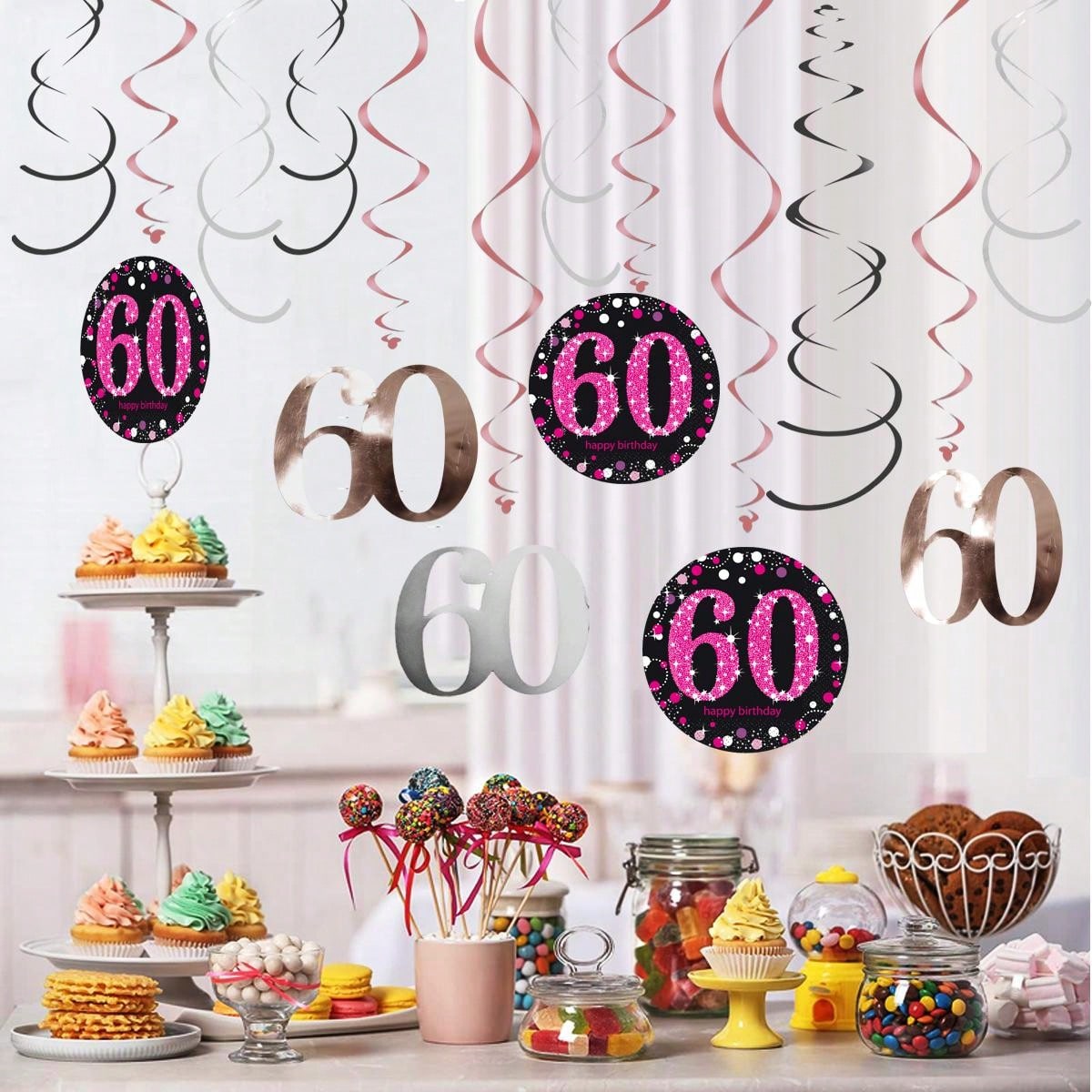18pcs Rose Gold 60th Birthday Party Pvc Swirl Decorations, Birthday ...