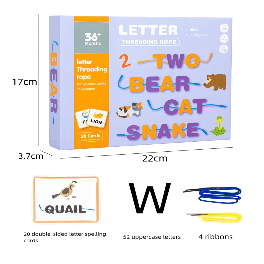 Children's Alphabet Beads Threading Rope Spelling Word Cards Preschool ...