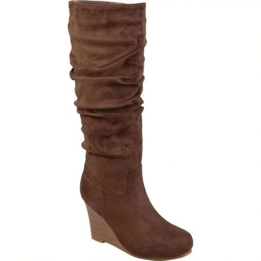 Women's Haze Wide Calf Wedge Knee High Slouch Boot Brown Faux Suede ...