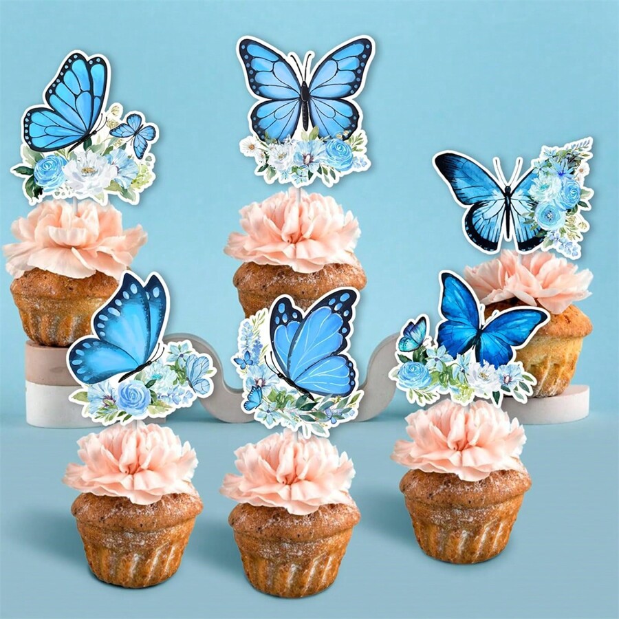 24Pcs Butterfly Cupcake Toppers, Blue Butterfly Birthday Decorations ...