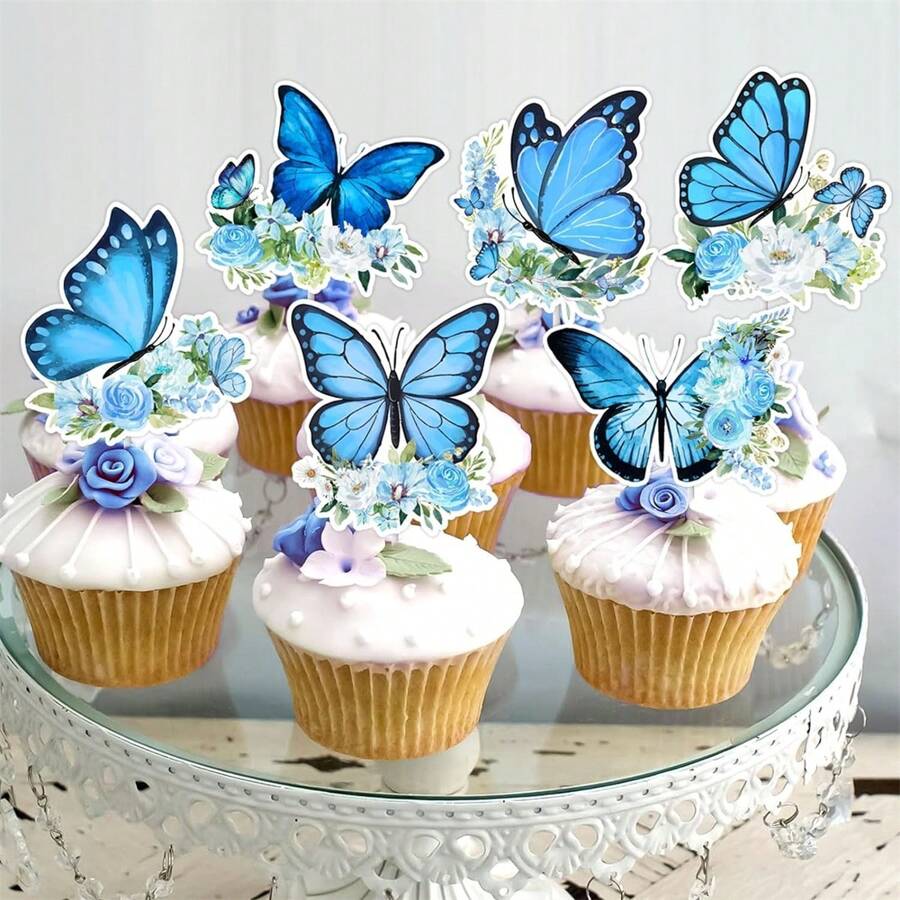 24Pcs Butterfly Cupcake Toppers, Blue Butterfly Birthday Decorations ...