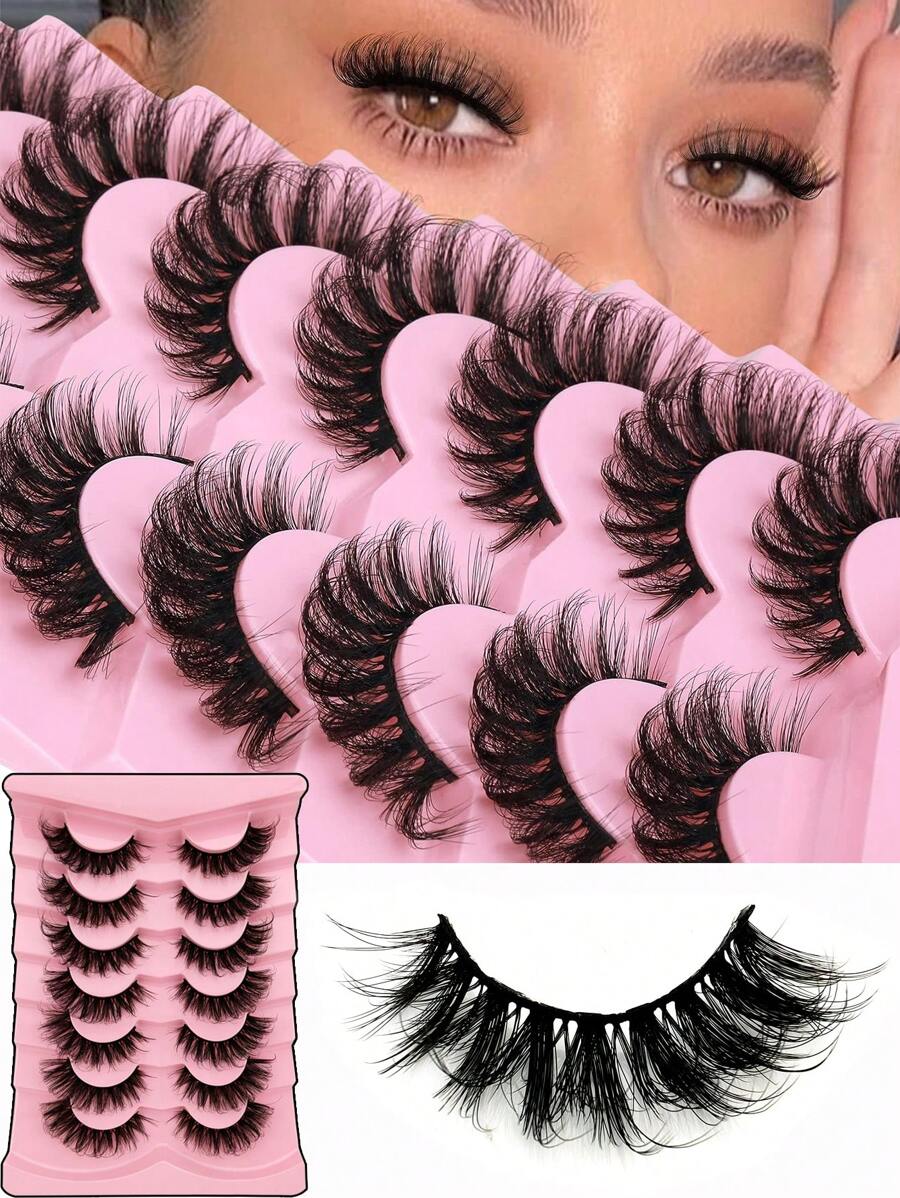 7 Pairs Fluffy Cat Eye Lashes 6D Curly Volume Faux Mink Lashes False ...