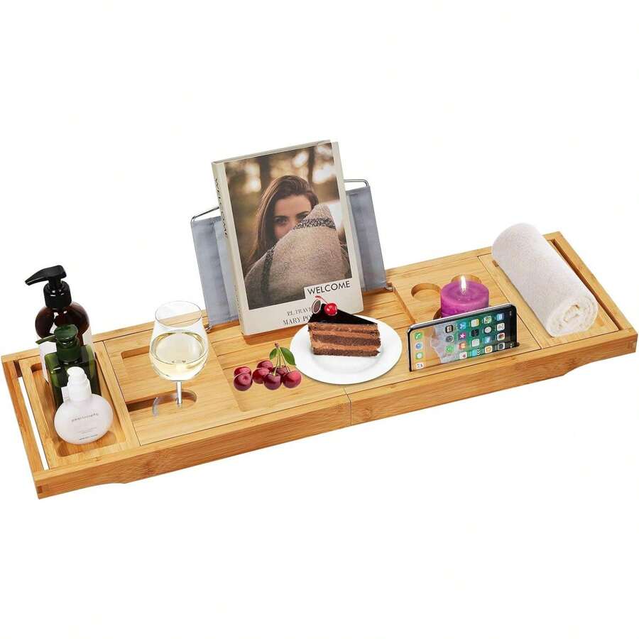Foldable Bamboo Bathtub Caddy Bath Tub Tray Bridge Shower Shelves ...
