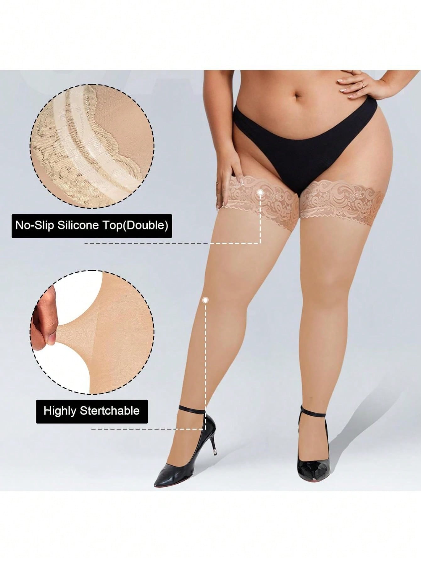 Plus Size Thigh High Stockings Women Semi Sheer Silicone Lace Top Stay
