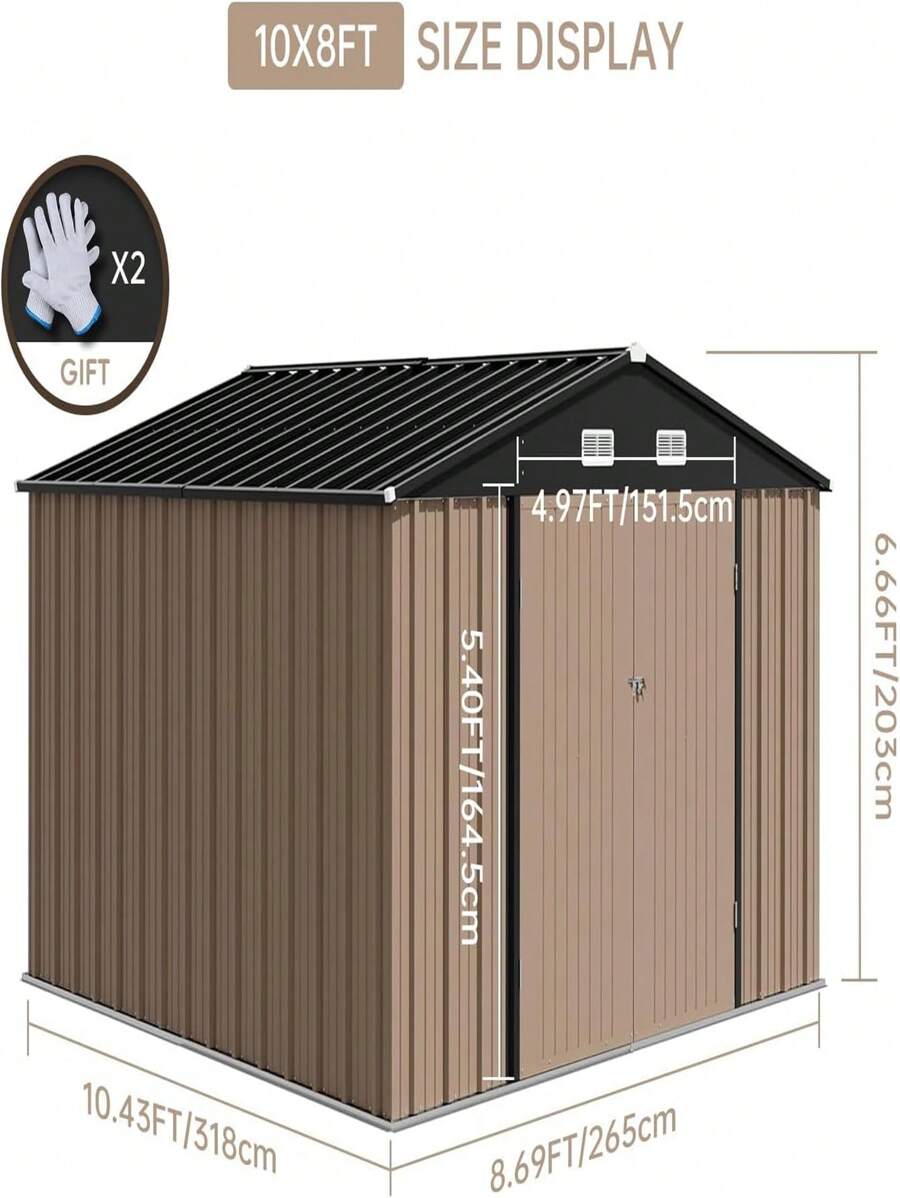 10x8 FT Metal Outdoor Storage Shed, Steel Utility Tool Shed Storage ...