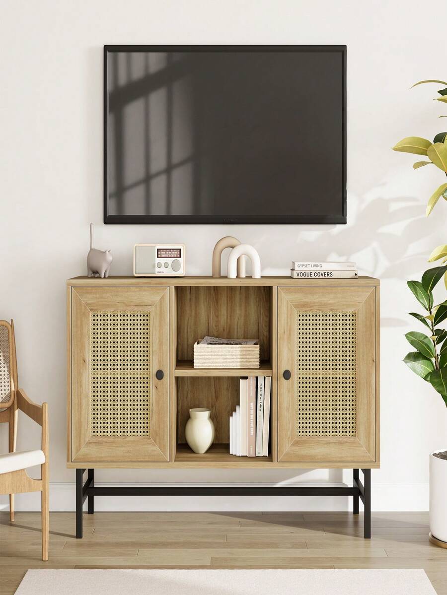 Sideboard Buffet Cabinet With Storage, Rattan Storage Cabinet With 2 ...