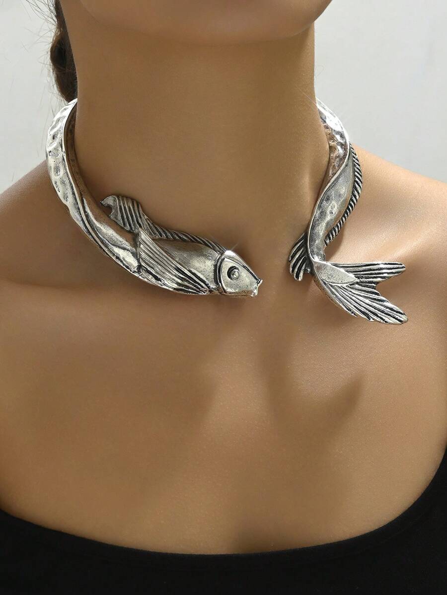 1pc Vintage Alloy Koi Fish Design Choker,Goldfish Pendant Necklace For ...