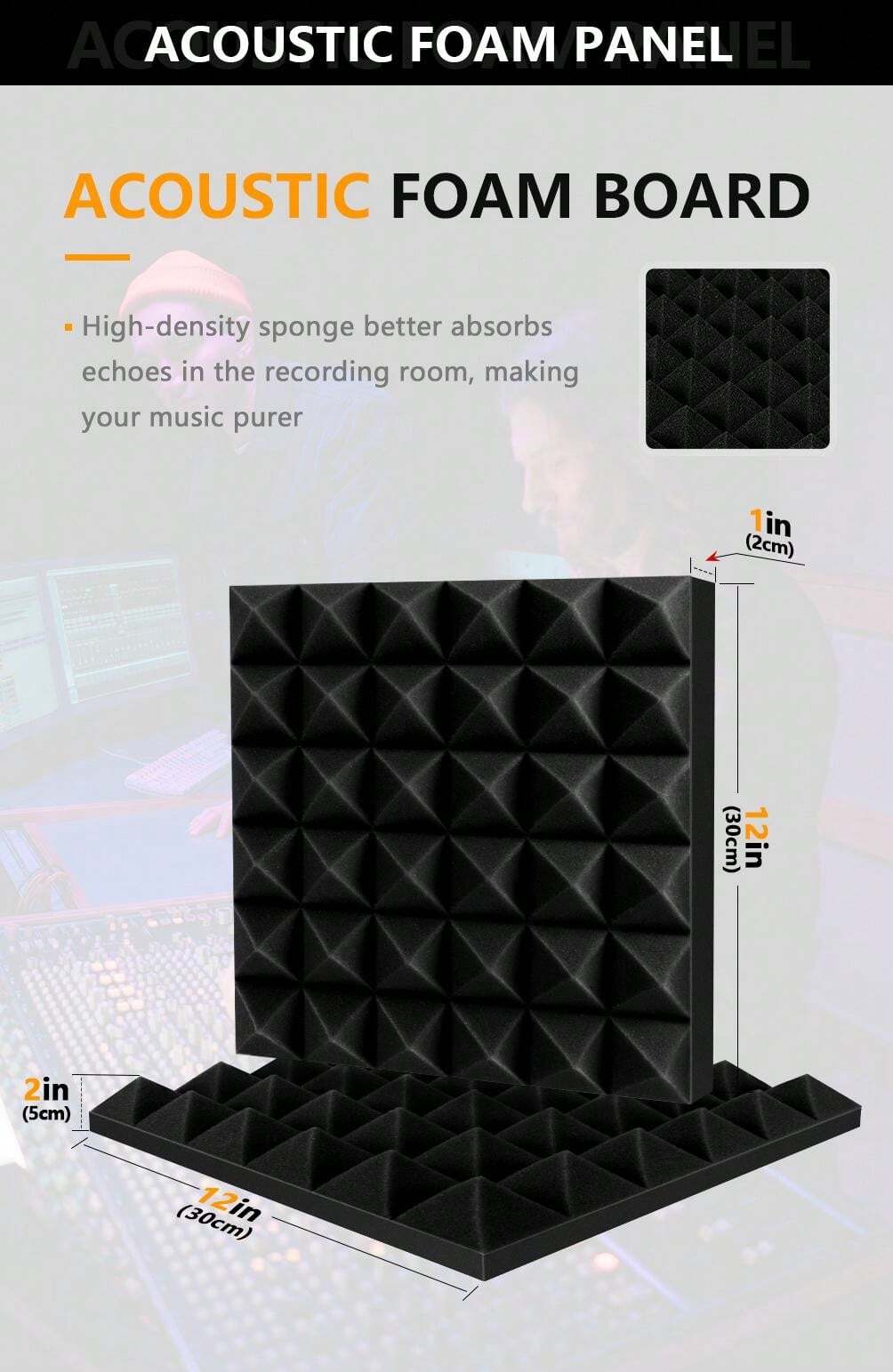 12 Pack-12x12x2 Inches Pyramid Designed Acoustic Foam Panels, High ...