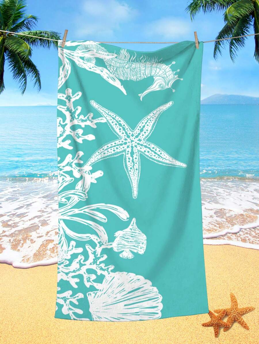 1pc Blue Starfish Printed Beach Towel, Ultra Fine Fiber Thin Quick-Drying Water Absorbing Towel ...