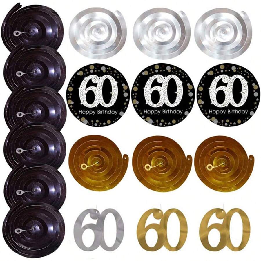 18pcs Black & Gold 60th Birthday Party Pvc Spiral Decoration, Foil ...